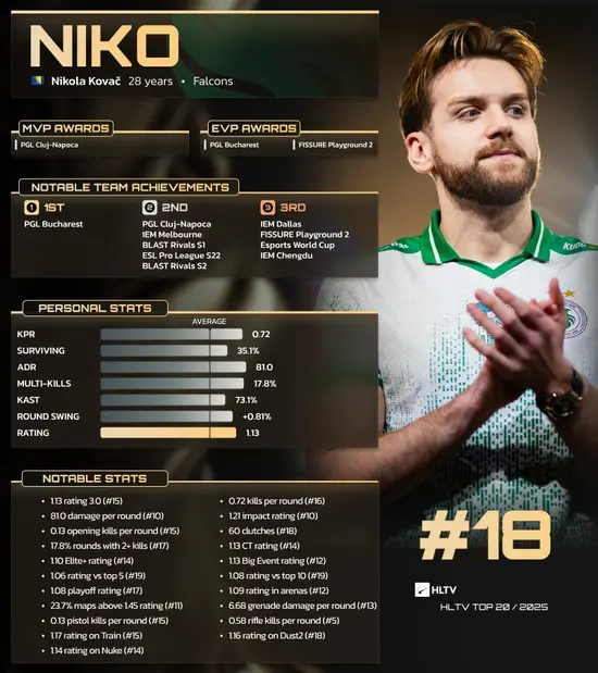 NiKo 2025赛季深度复盘：连续十年跻身HLTV TOP20却创生涯最低排名的原因解析