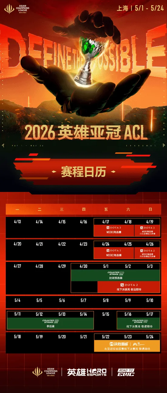 2026英雄亚冠ACL上海开战：DOTA2/CS2等项目直通EWC电竞世界杯